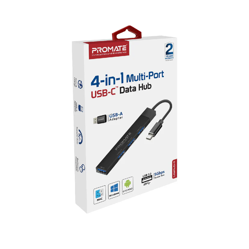 Promate USB-C Hub with 4 USB Ports, USB-C to USB-A Adapter Included ...